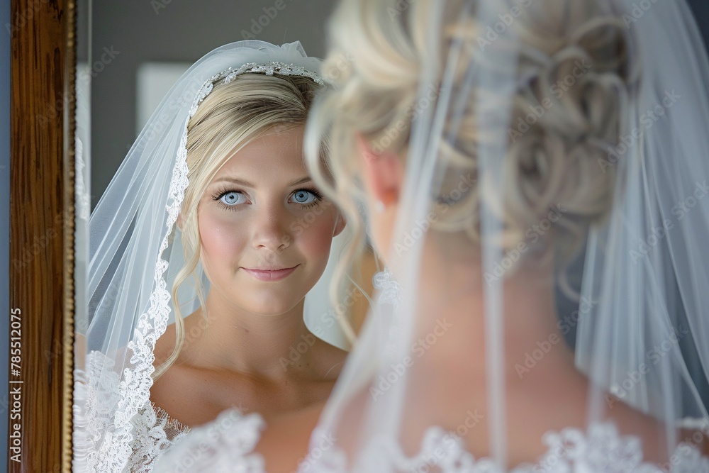 Intimate view of a blue-eyed blonde bride admiring her reflection in ...
