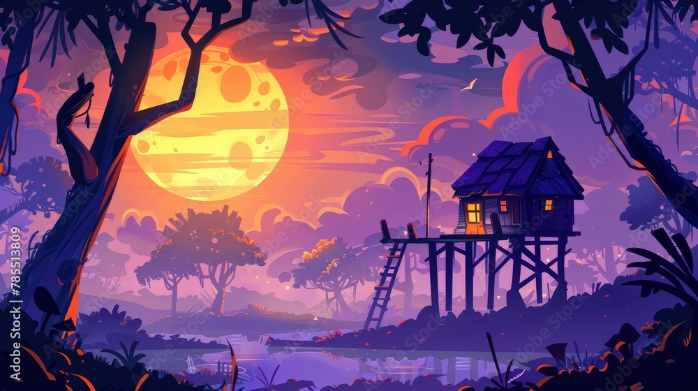 Old stilt house in woods. Old shack on piles in woods, abandoned witch ...