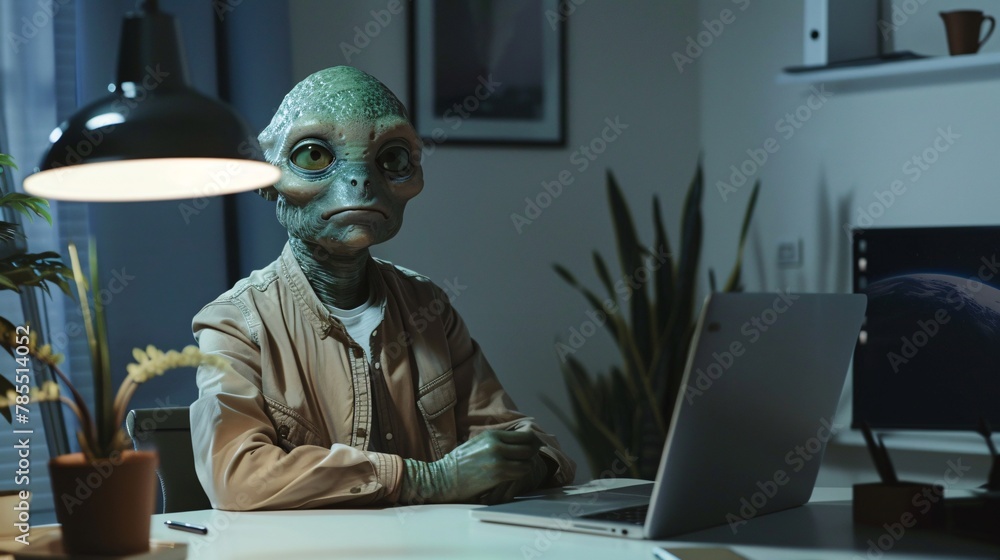 Cinematic snapshot of a friendly alien mentoring a younger colleague in ...