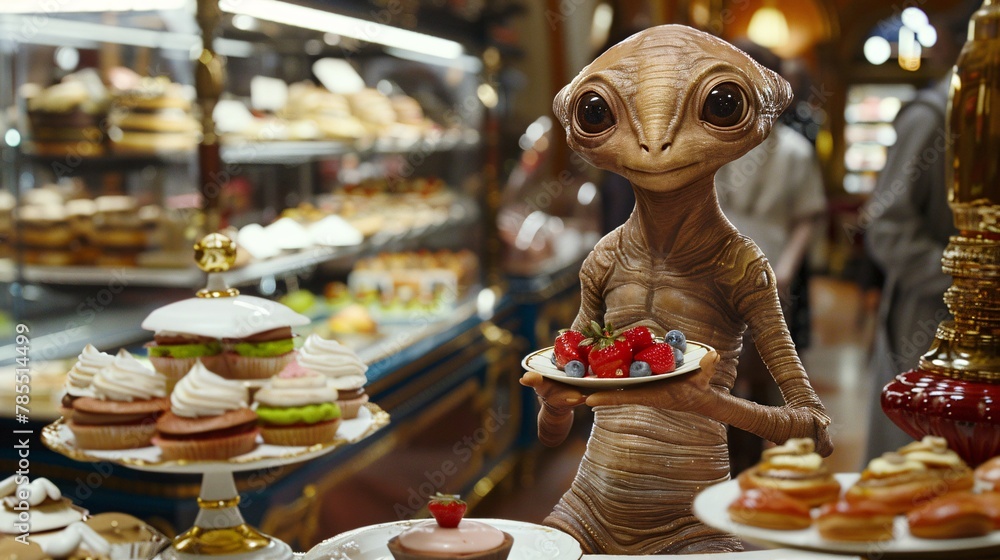 Cinematic moment of a friendly alien delighting in a decadent dessert ...