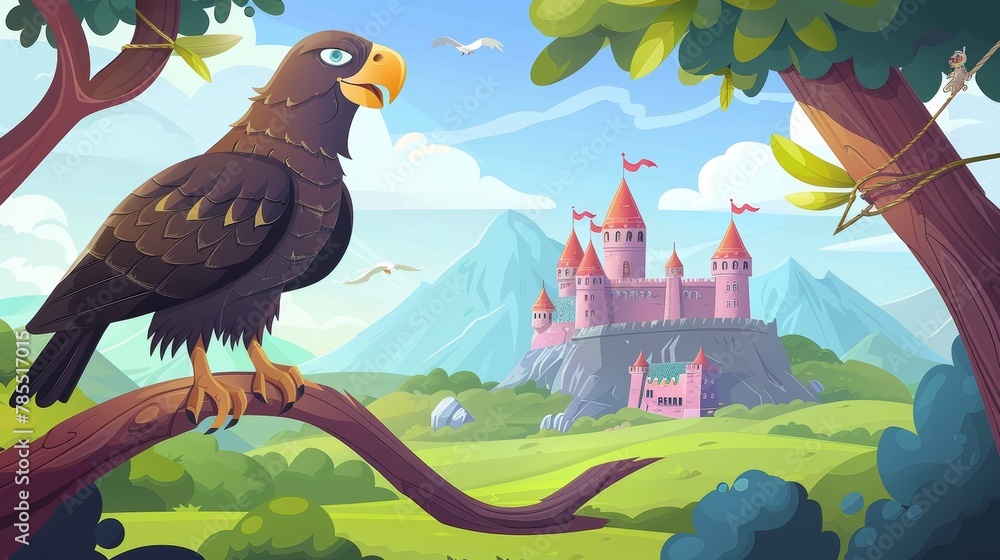 An eagle, falcon, or hawk perches on a tree branch over a landscape ...
