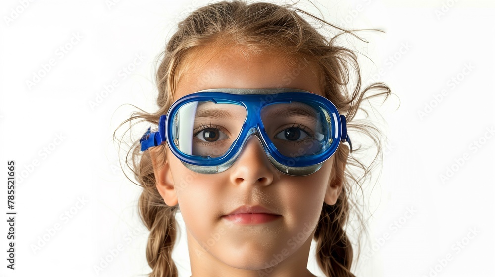 Child safety goggles, little girl wearing diving mask and goggles on ...