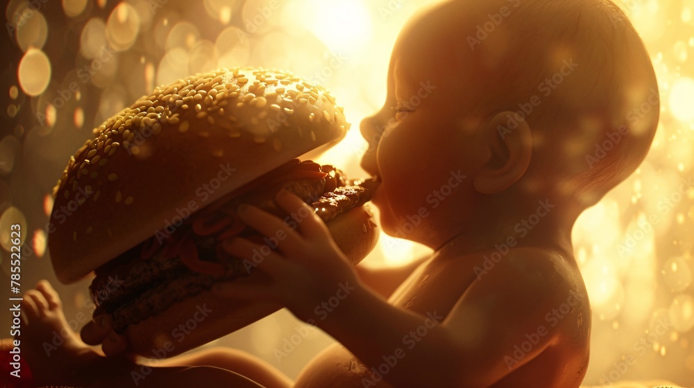 Unborn child shown savoring a burger in the mother's womb, bathed in ...