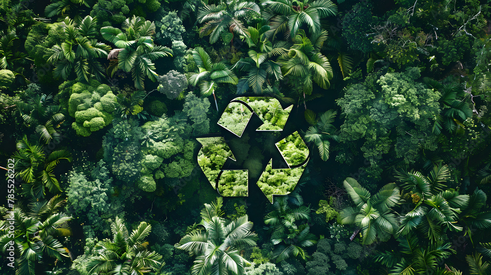Recycling symbol in the middle of a beautiful untouched jungle. ecology ...