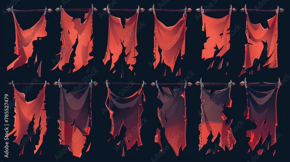 Imaginary torn royal medieval red game flag modern set. Tattered old ...