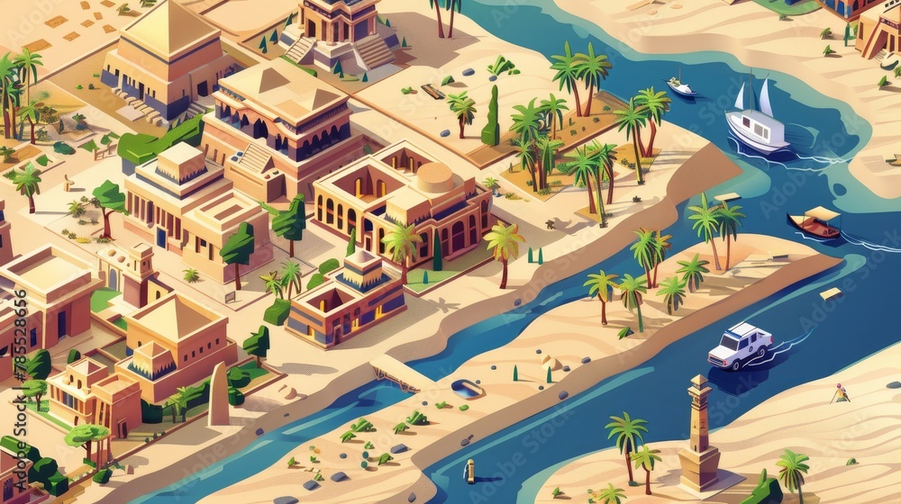 Animated cartoon desert town with river, pyramids, palm trees, boats on ...