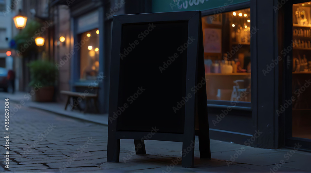 empty black billboard in front of the restaurant on the street is a ...