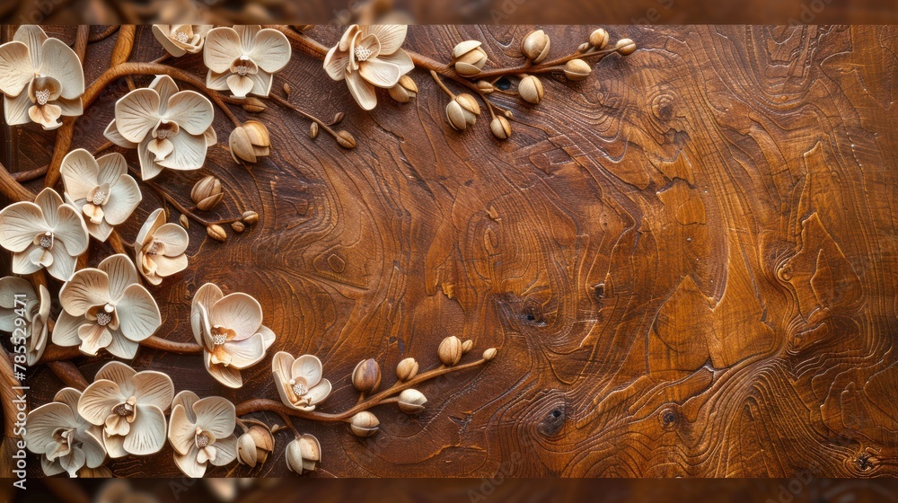 Wooden carving floral background with carved detailed elegant orchid ...