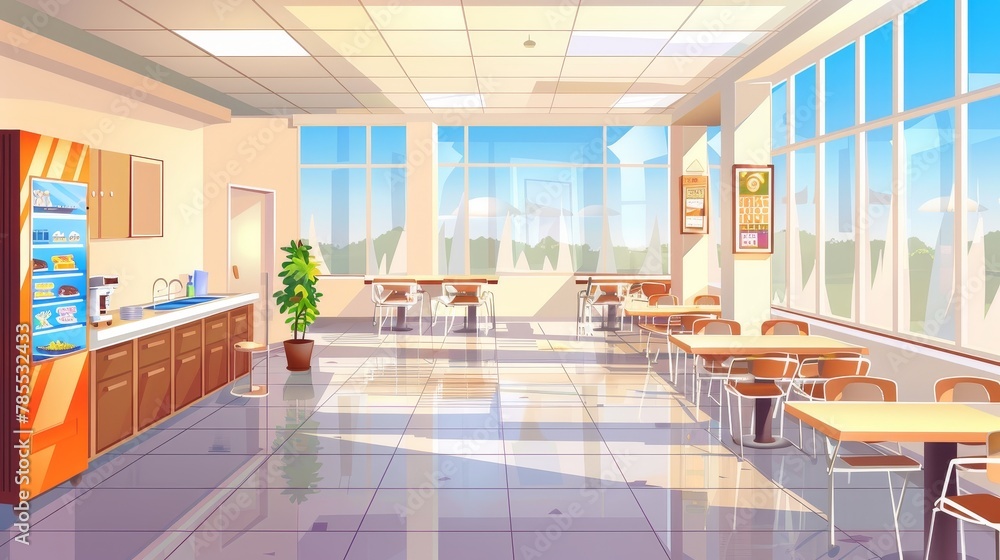 Food modern cartoon background for school canteen interior. Students ...