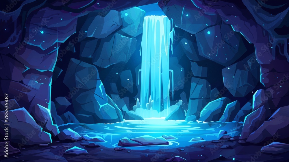 An underground waterfall and river in a dark cave. Modern cartoon ...
