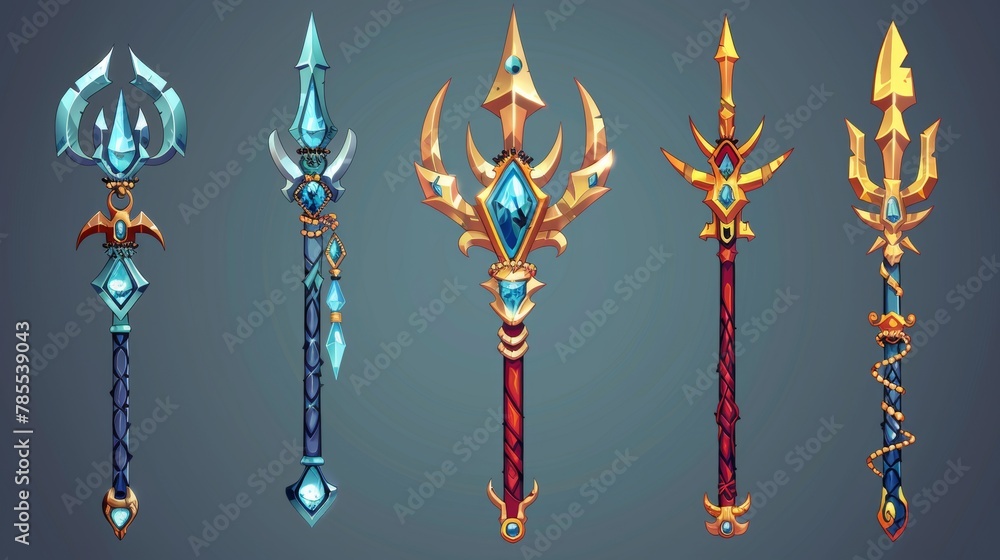 Cartoon illustration set of mythology harpoon or trishul decorated with ...