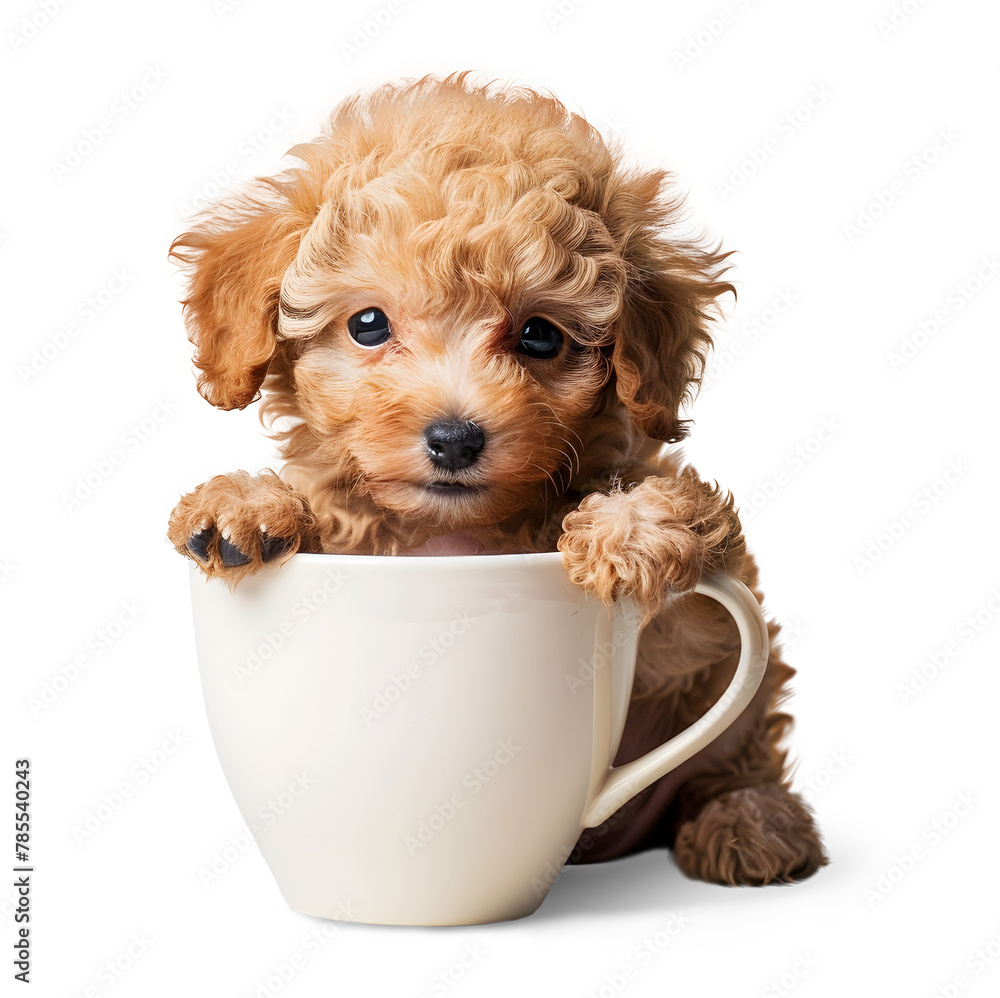 Little cute puppy of Toy Poodle dog with a cup, isolated on transparent ...