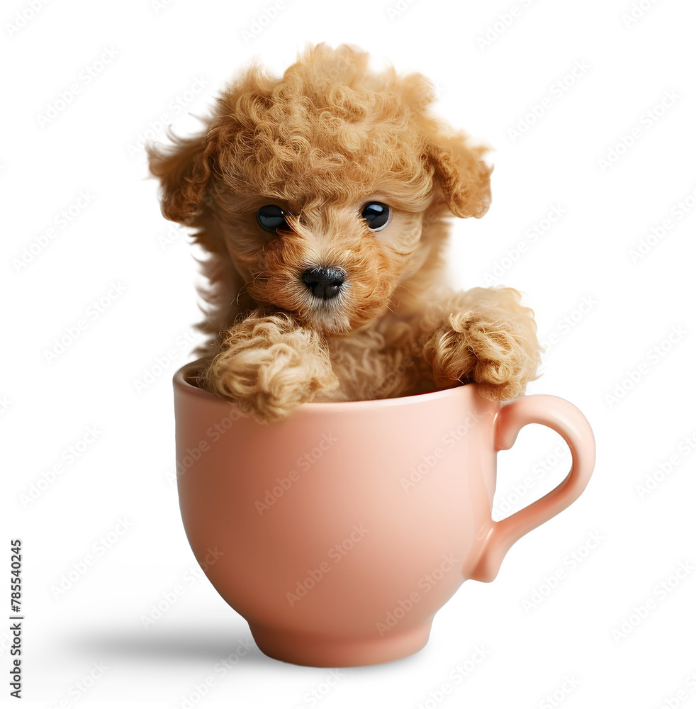 Little cute puppy of Toy Poodle dog in a cup, isolated on transparent ...