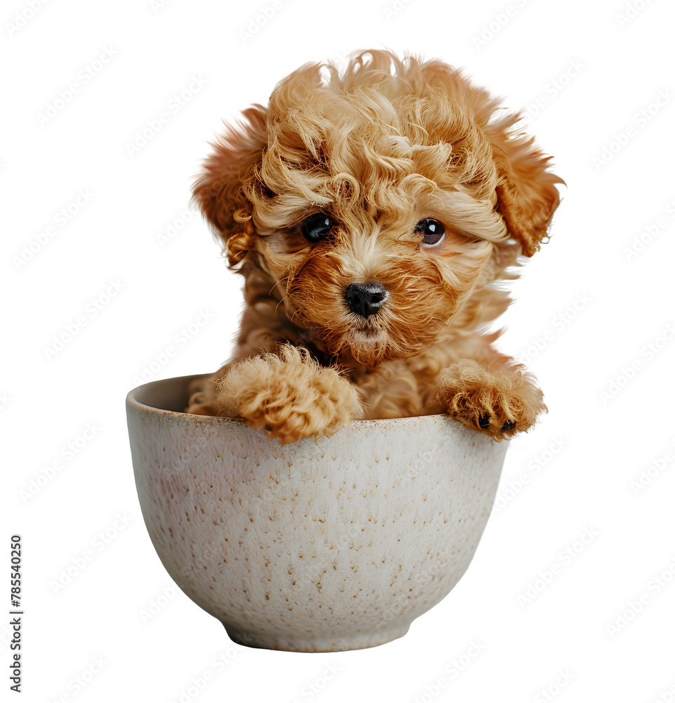 Little cute puppy of Toy Poodle dog in a cup, isolated on transparent ...