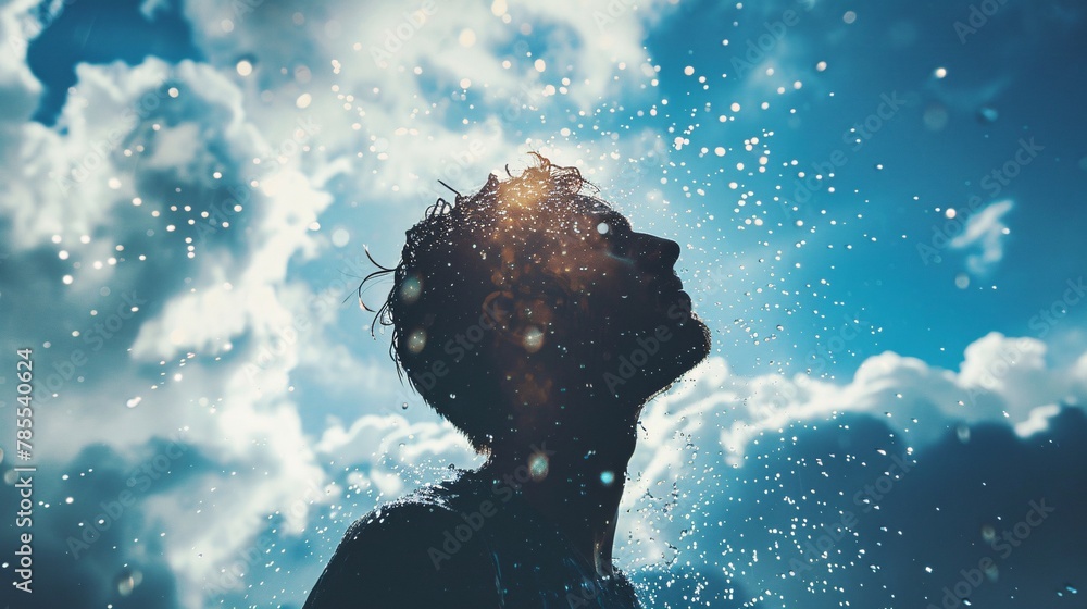 Profile view of a person on a simple background, a raincloud positioned ...