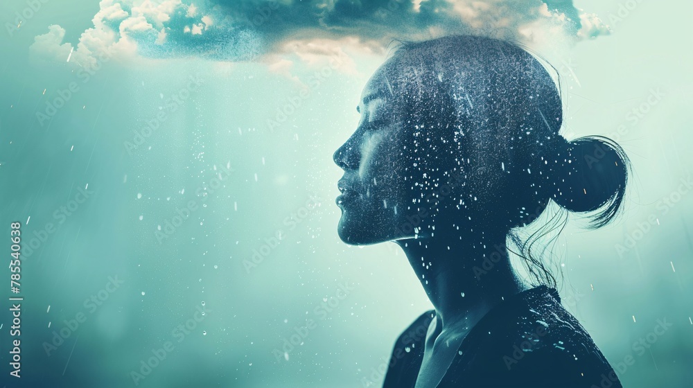 Profile view of a person on a simple background, a raincloud positioned ...