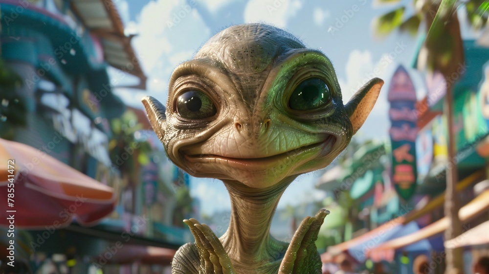 Cinematic image of a cheerful alien engaging in team-building ...