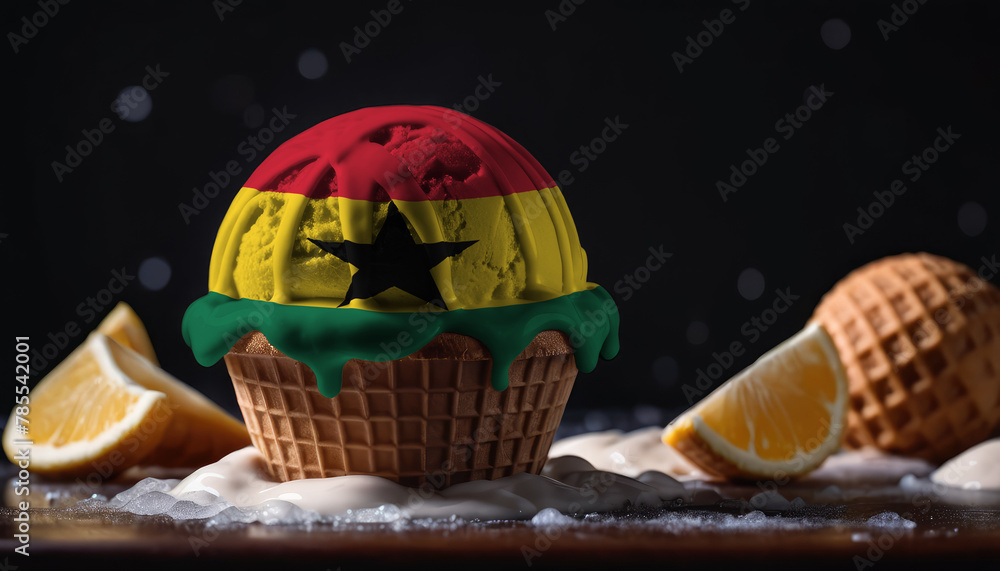 Ice cream with the Ghana flag on a ice cream ball in a waffle cup on a ...