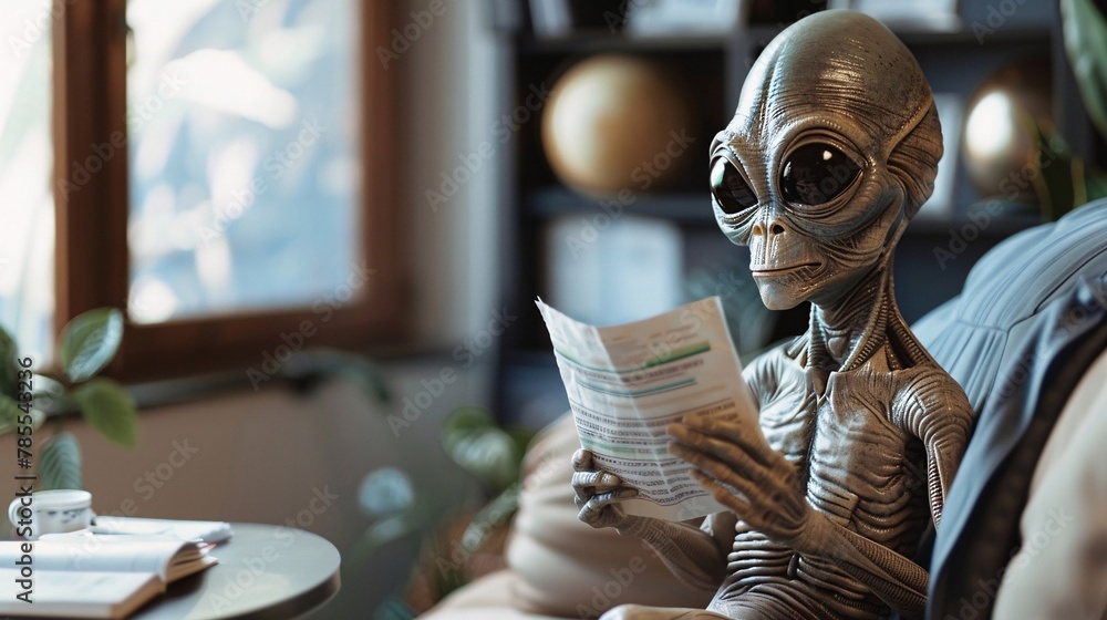Cinematic photo of a friendly extraterrestrial reviewing documents in a ...