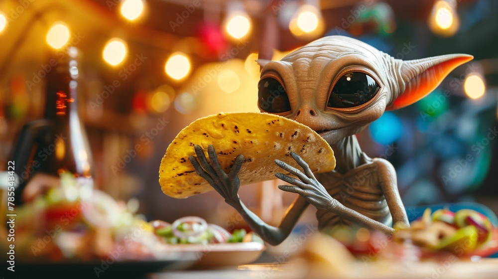 Cinematic photo of a friendly extraterrestrial delighting in a crunchy ...