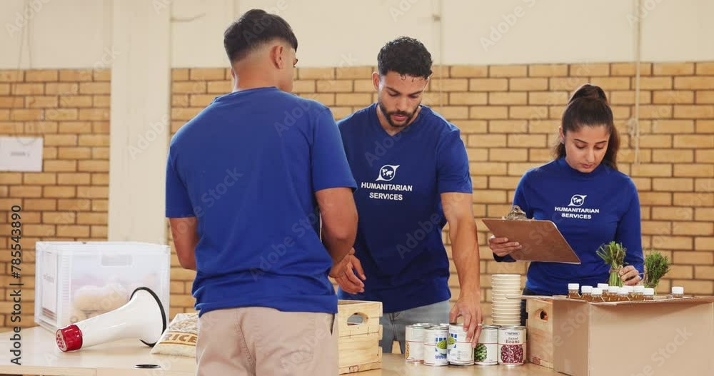 Food, donations and woman with clipboard for charity event ...