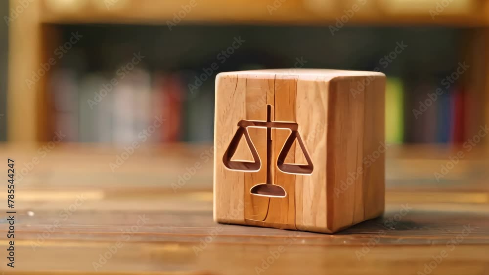 Wooden cube with justice scale symbol. Legal concept for background ...