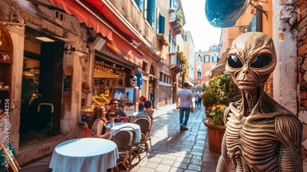 Cinematic moment of an amiable alien savoring gelato while strolling ...