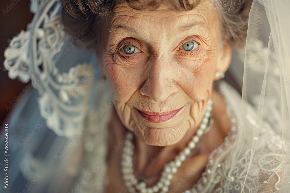 Vintage-style wedding portrait of an elderly bride, her eyes sparkling ...