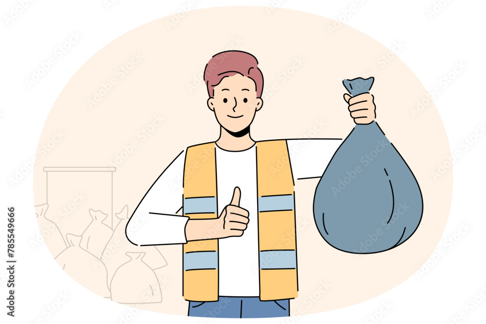 Garbage collector holding plastic bag with waste in hands show thumb up ...