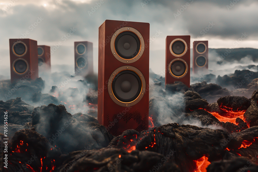 Classic style wooden speakers Set on top of volcanic lava. Album cover ...