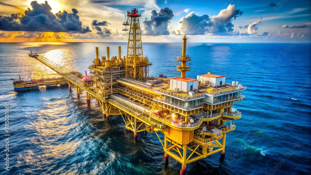 A huge oil rig stands in the middle of the ocean, basking in the ...