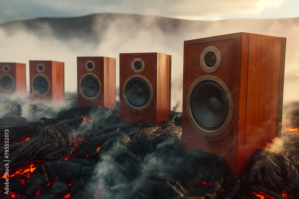Classic style wooden speakers Set on top of volcanic lava. Album cover ...