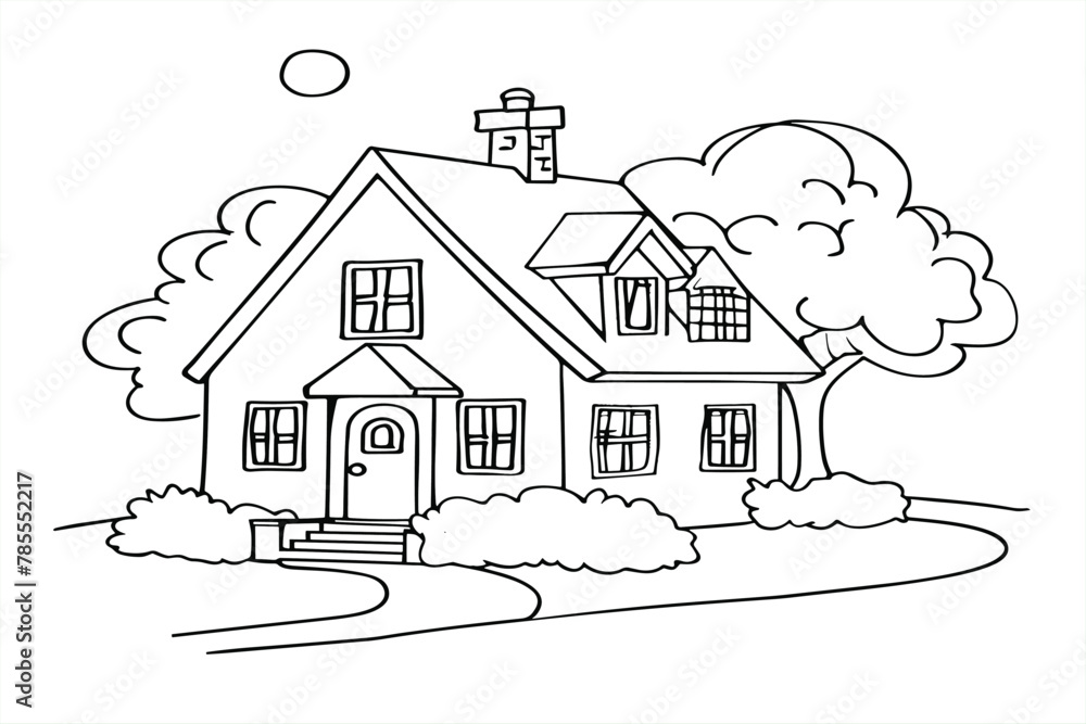 Cute kids coloring page. Landscape with clouds, house. gingerbread ...