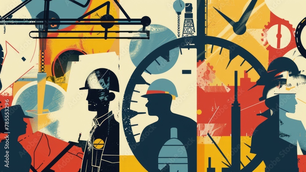 poster featuring iconic symbols for labor rights achievements like a ...