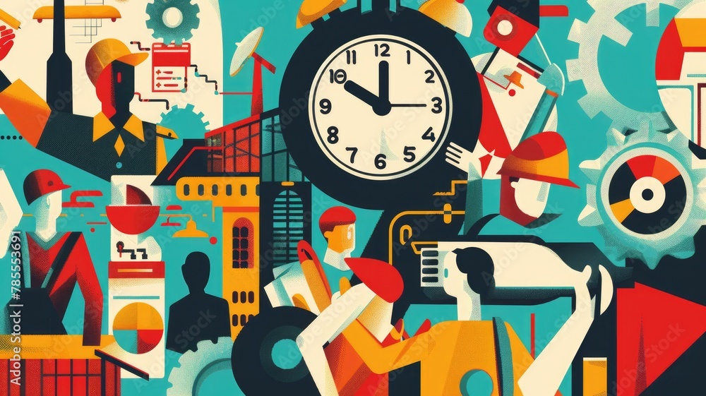 poster featuring iconic symbols for labor rights achievements like a ...