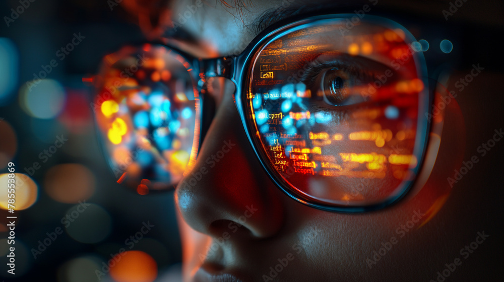 Computer, code hologram and man thinking of data analysis, night ...