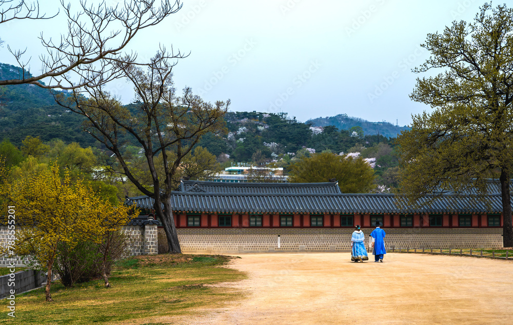 Back view man and woman in Hanbok Traditional Korean costume walking in ...