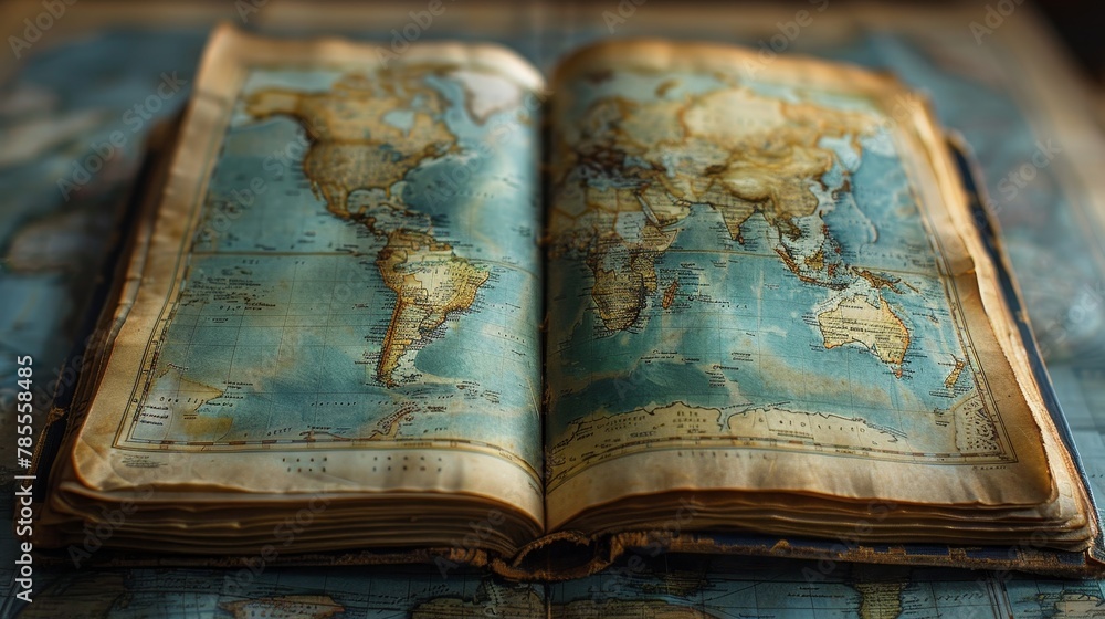 World Map: A photo of a world map in a book, with detailed geographical ...