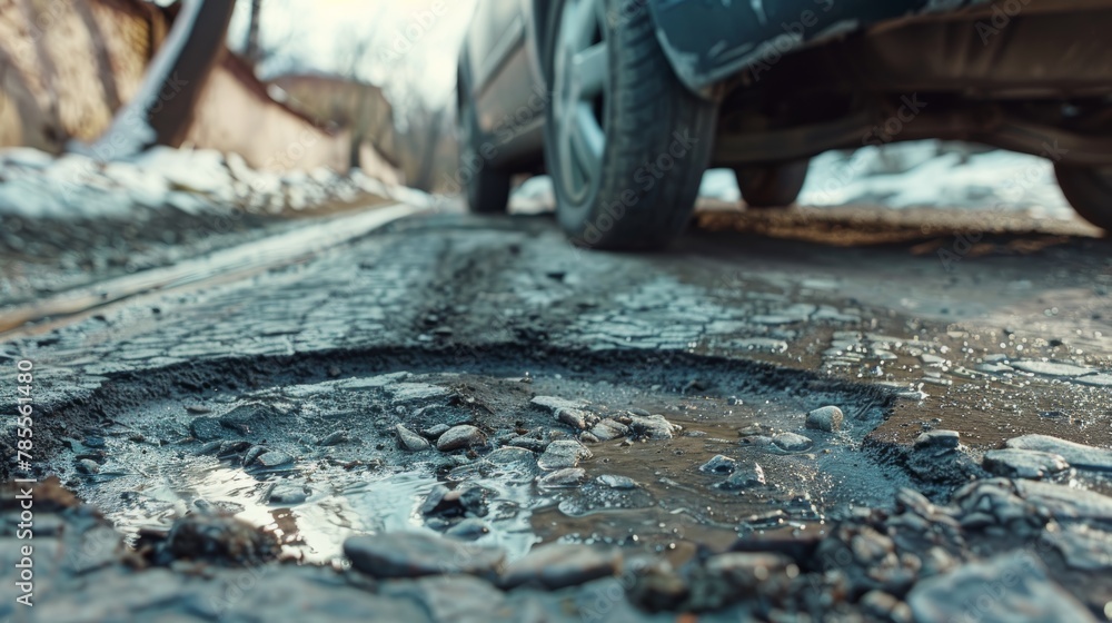car wheels running and closed up Very bad quality street with potholes ...