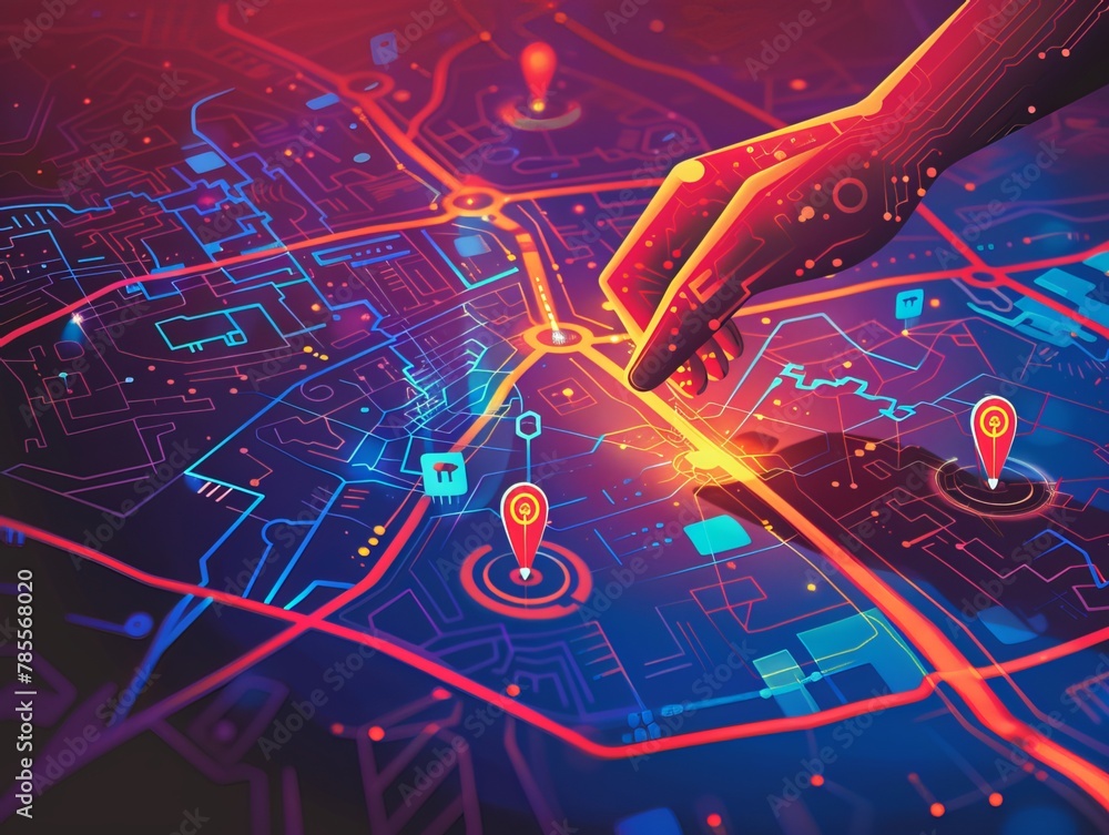 In this illustration, a digital hand is setting a location on a map ...