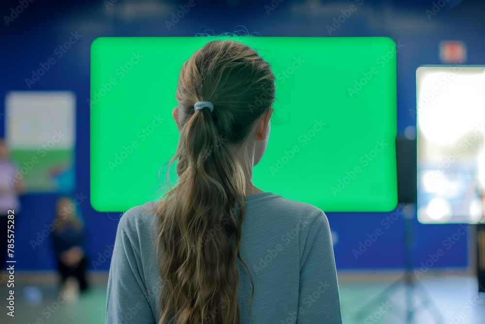 App screen over a shoulder of a girl in front of a interactive digital ...