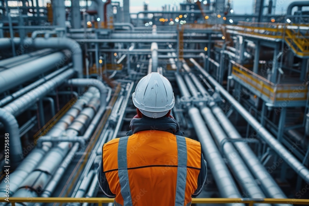 Engineer surveying expansive pipeline and pipe rack of an industrial ...