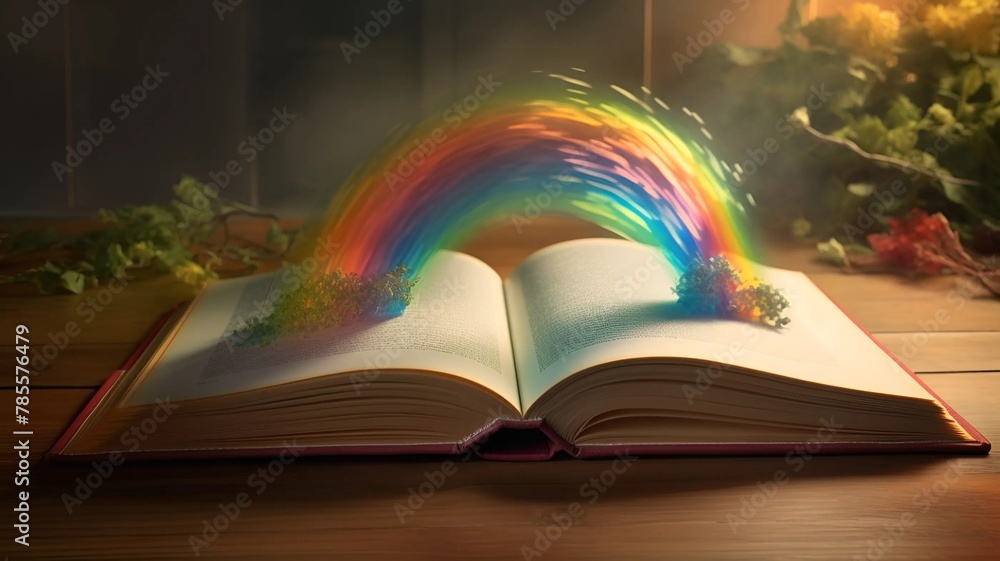 Open book with beautiful river background with rainbow and magical ...