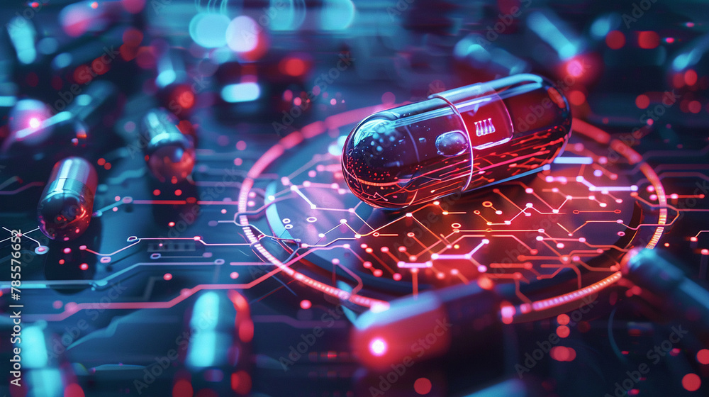 Advanced medical pill surrounded by a holographic interface displaying ...