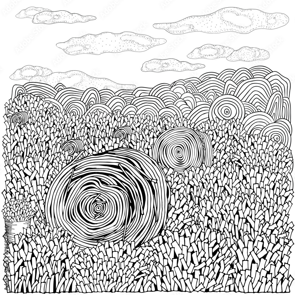 Field with haystacks. Grass. Haymaking. Coloring book page. Black and ...