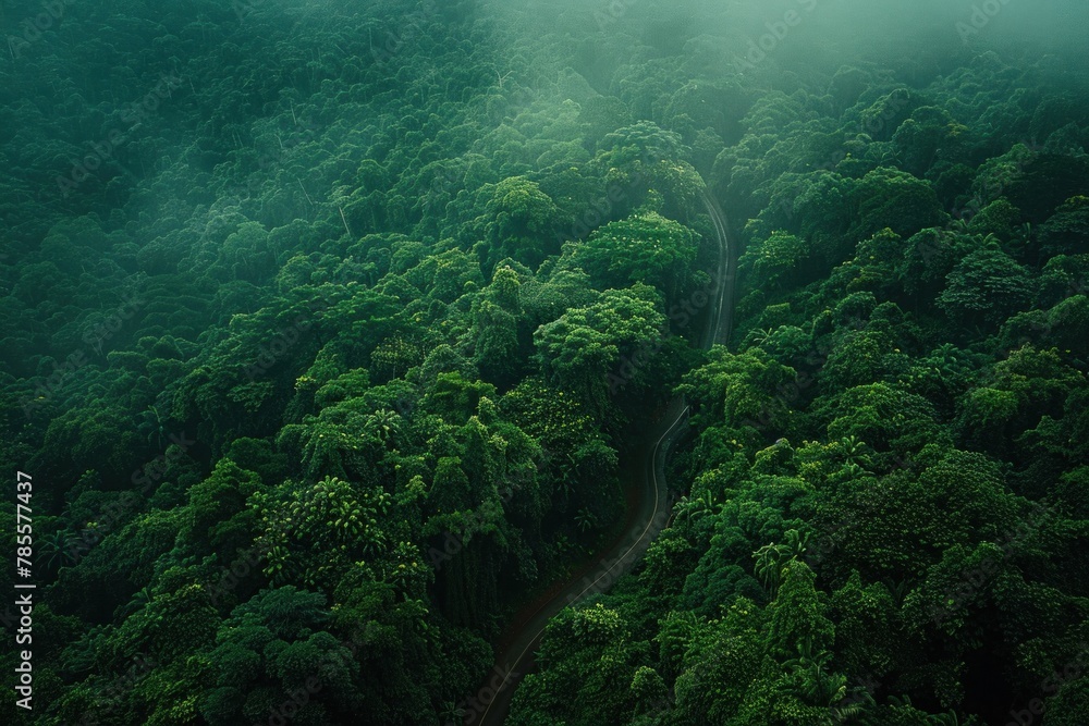Rain-soaked route through lush forests during monsoon season - Aerial ...