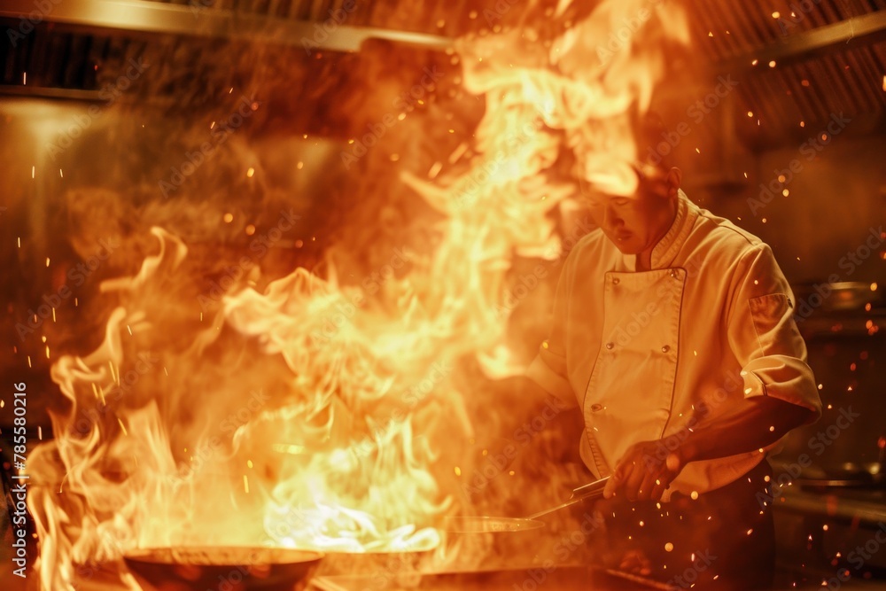 Seasoned chef cooking over open flame in bustling kitchen, capturing ...