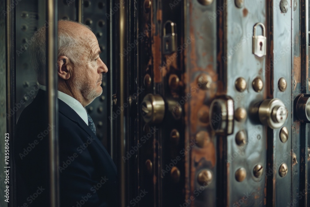 Perplexed businessman facing imposing steel doors adorned with ...