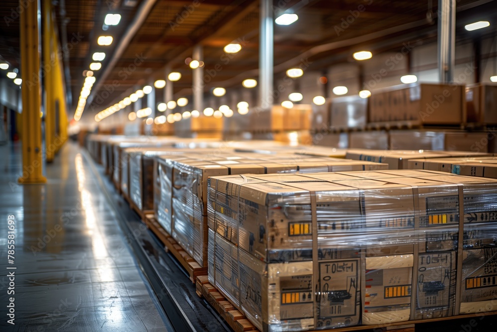 Pallets of finished goods are staged near the shipping area, wrapped ...
