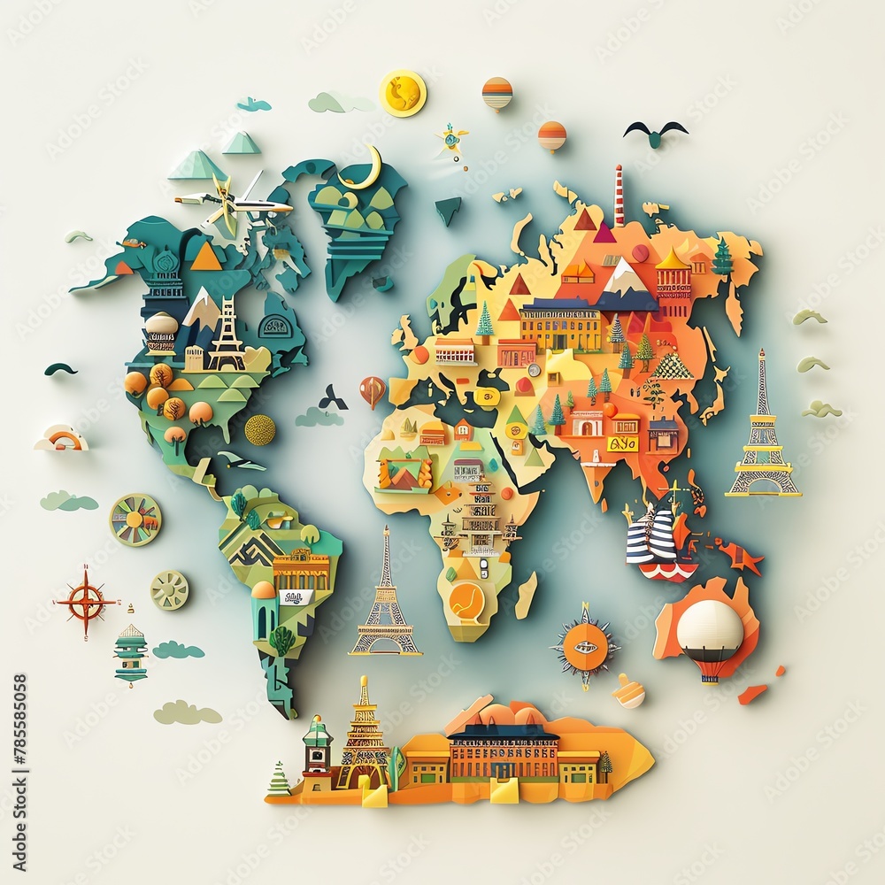A map of the world with illustrations of famous landmarks from ...